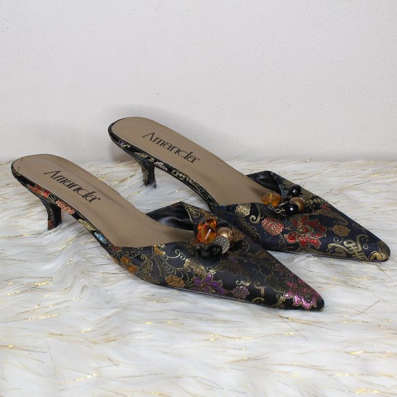 Amanda | Shoes | Amanda Oriental Kitten Heels Mules With Beading | Poshmark